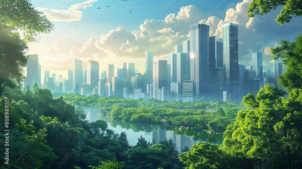 Beautiful modern eco friendly green city panoramic view with ...