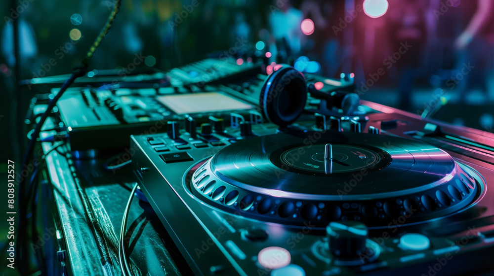 Professional DJ mixer and turntable at a nightclub. Stock Photo | Adobe ...