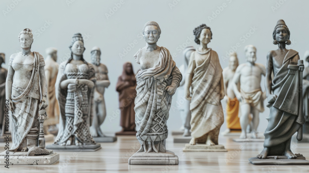 Realistic photo of a public space with diverse statues representing ...