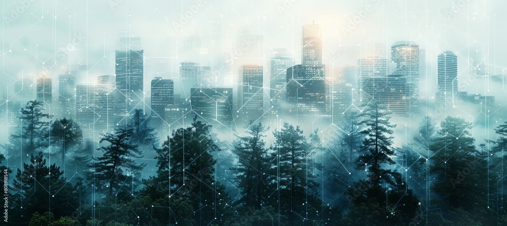Misty forest city skyline buildings background. Urban downtown ...