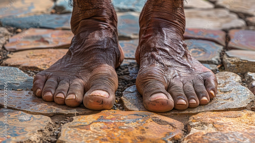 Dark bare feet of old man stand on stone reflexology path. Generative ...