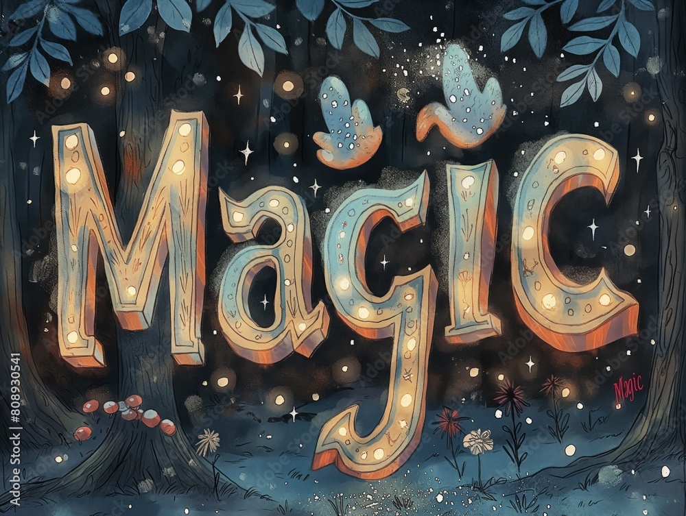 A painting of a forest with a sign that says "magic" in big letters ...