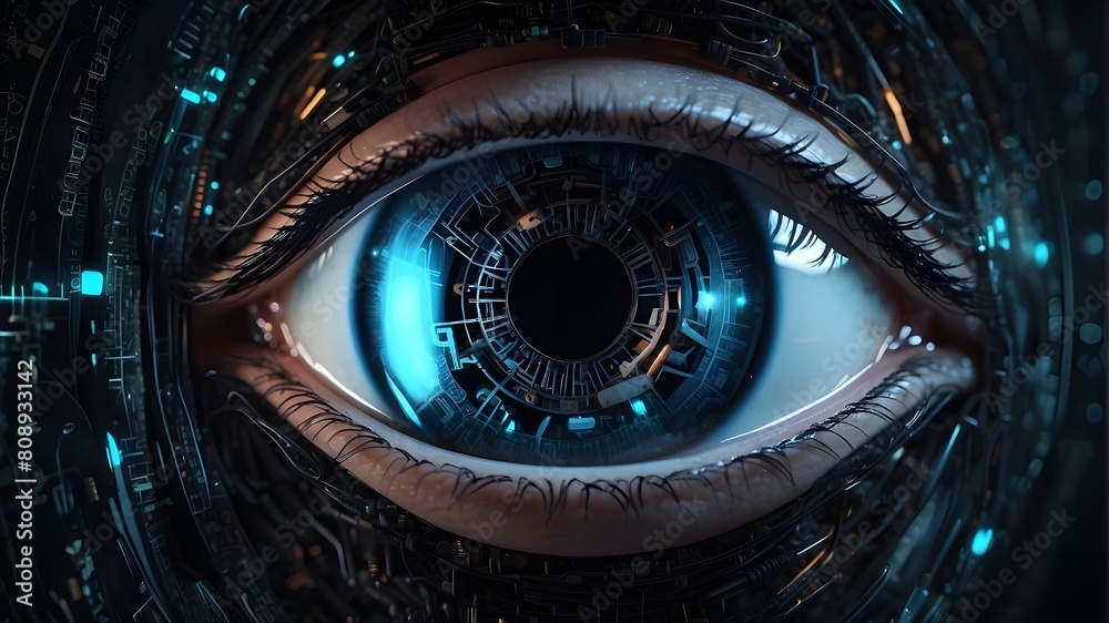 Robotic eye in the dark of technology, hacker or AI; cyborg vision on a ...