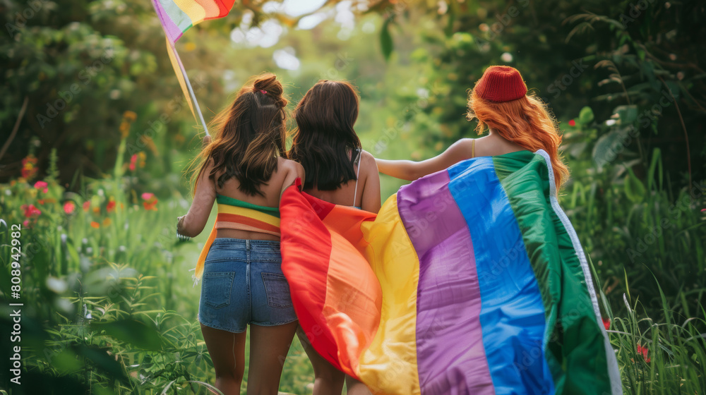 Diversity young gay women with Asian gay waving pride rainbow flag in ...