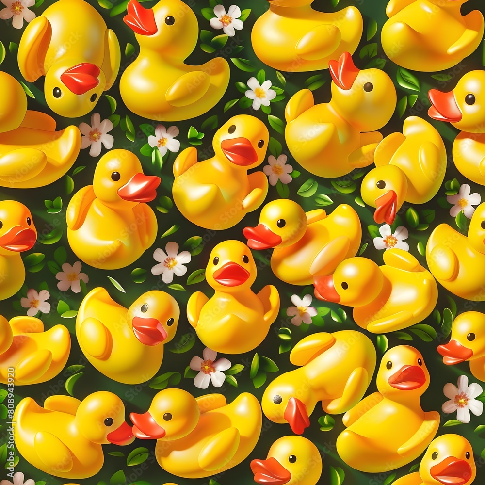 A bunch of yellow rubber ducks are scattered across a green background ...