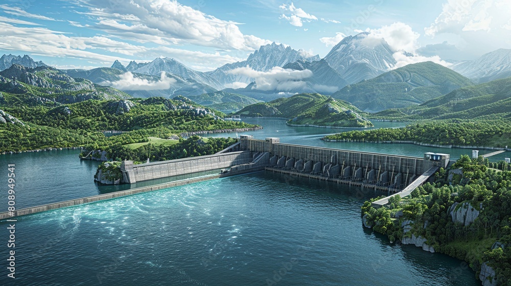 A highangle view of a major hydropower plant, with overlaid statistics ...