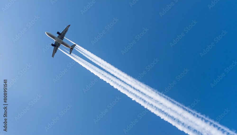 airplane in the clouds. airplane flying in the skies, with smoke trail ...