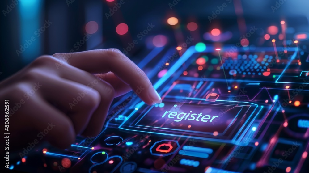 Hand touching register now button on electronic device screen Stock ...