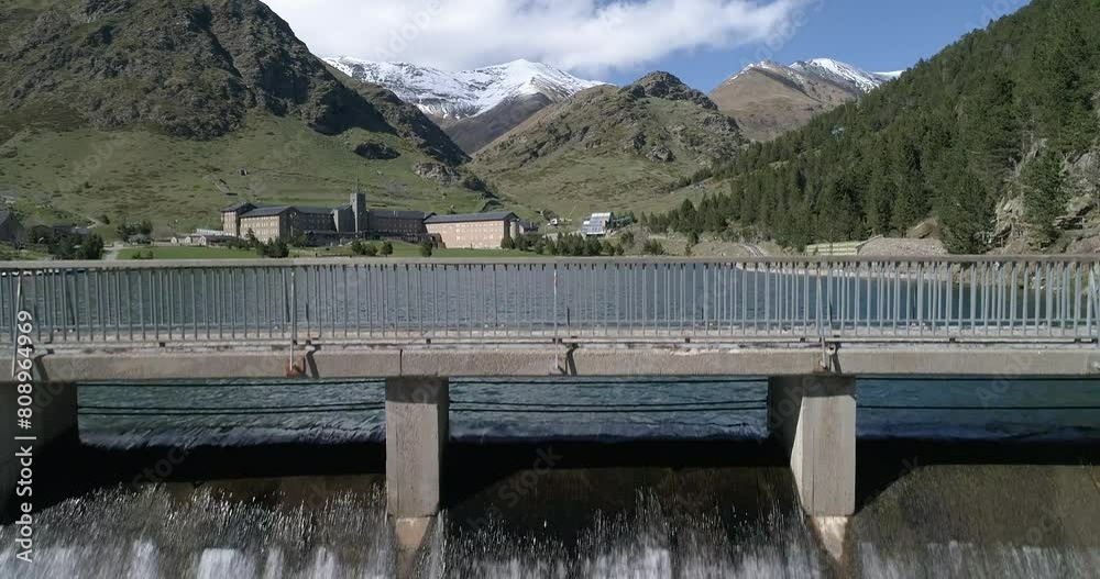 Drone view mountain resort, sanctuary and reservoir in Catalan valley ...