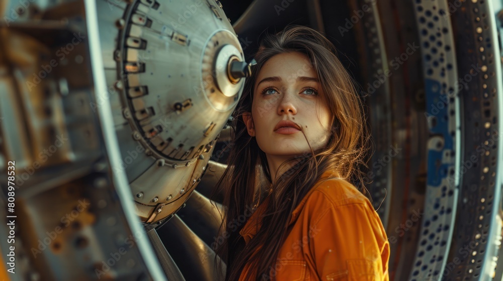 Under the towering jet engine A female trainee aircraft maintenance ...