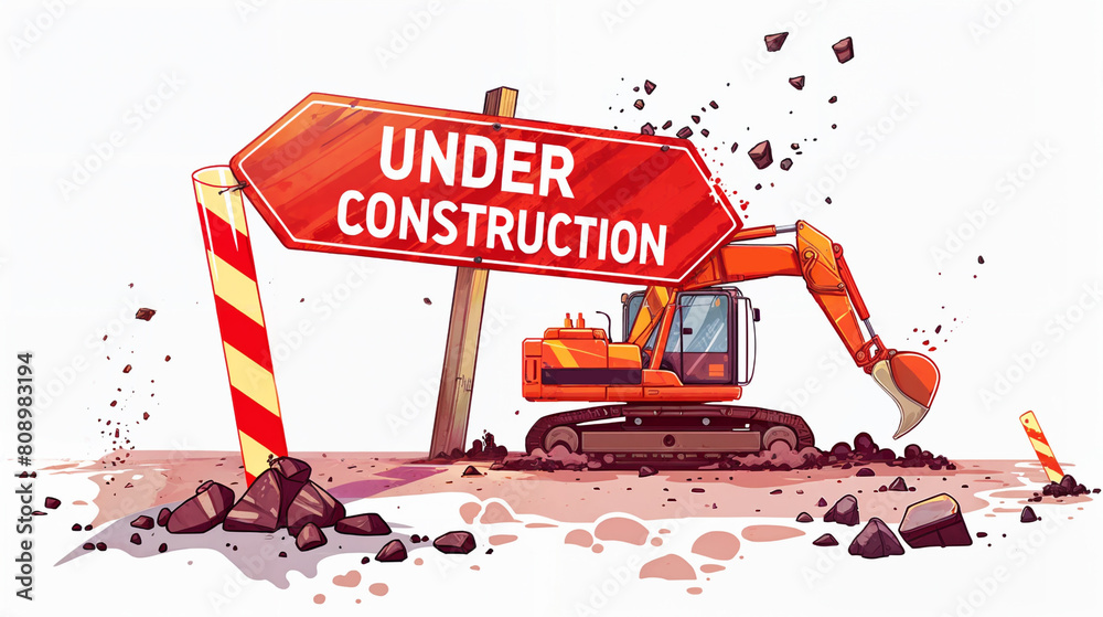 An orange construction vehicle is digging behind a red sign with white ...