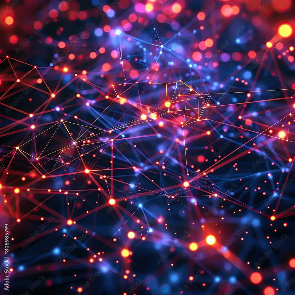 Visualize a randomized network of interconnected digital nodes with pulsating data streams ...