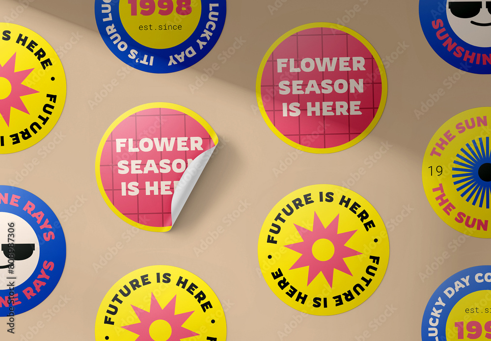 Vivid Round Stickers Set Mockup Stock Template | Adobe Stock