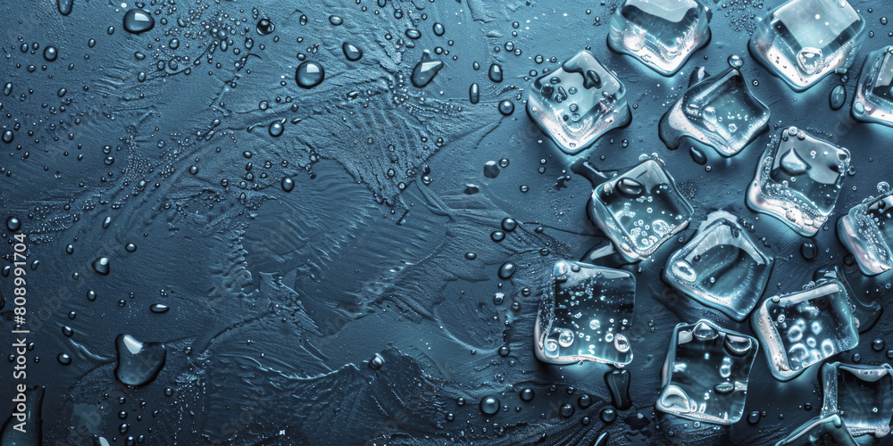 ice cube cold crystal background banner with copy space on blue wet ...