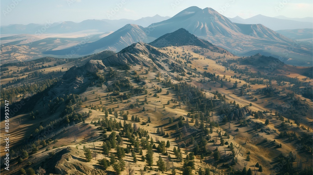 Bird's-eye view of mountains Look at the mountains from above, showing ...