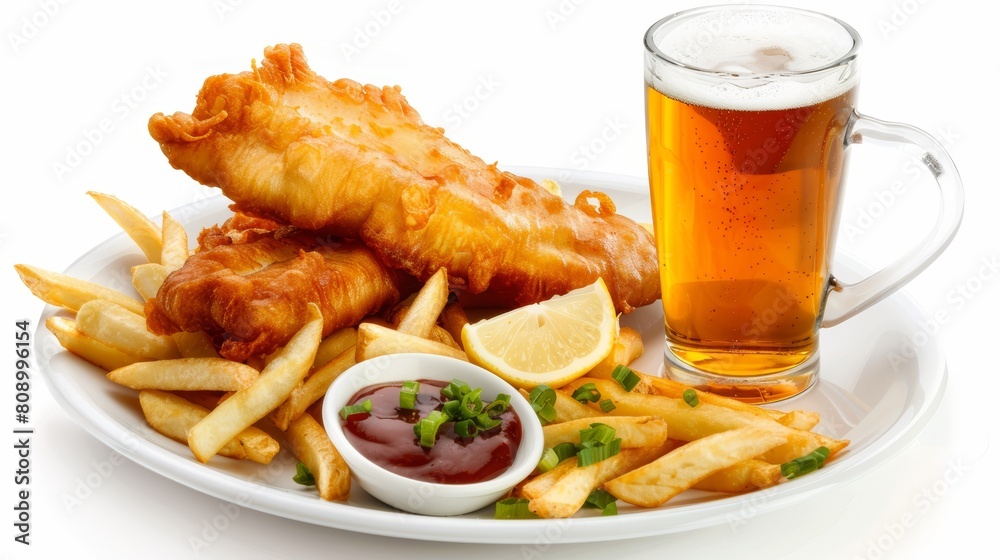 Classic British Cuisine A Traditional Plate Of Fish And Chips With A classic-british-cuisine-a-traditional-plate-of-fish-and-chips-with-a