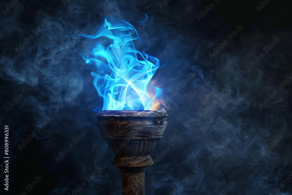 medieval wooden torch with mystical blue flames fantasy 3d illustration ...