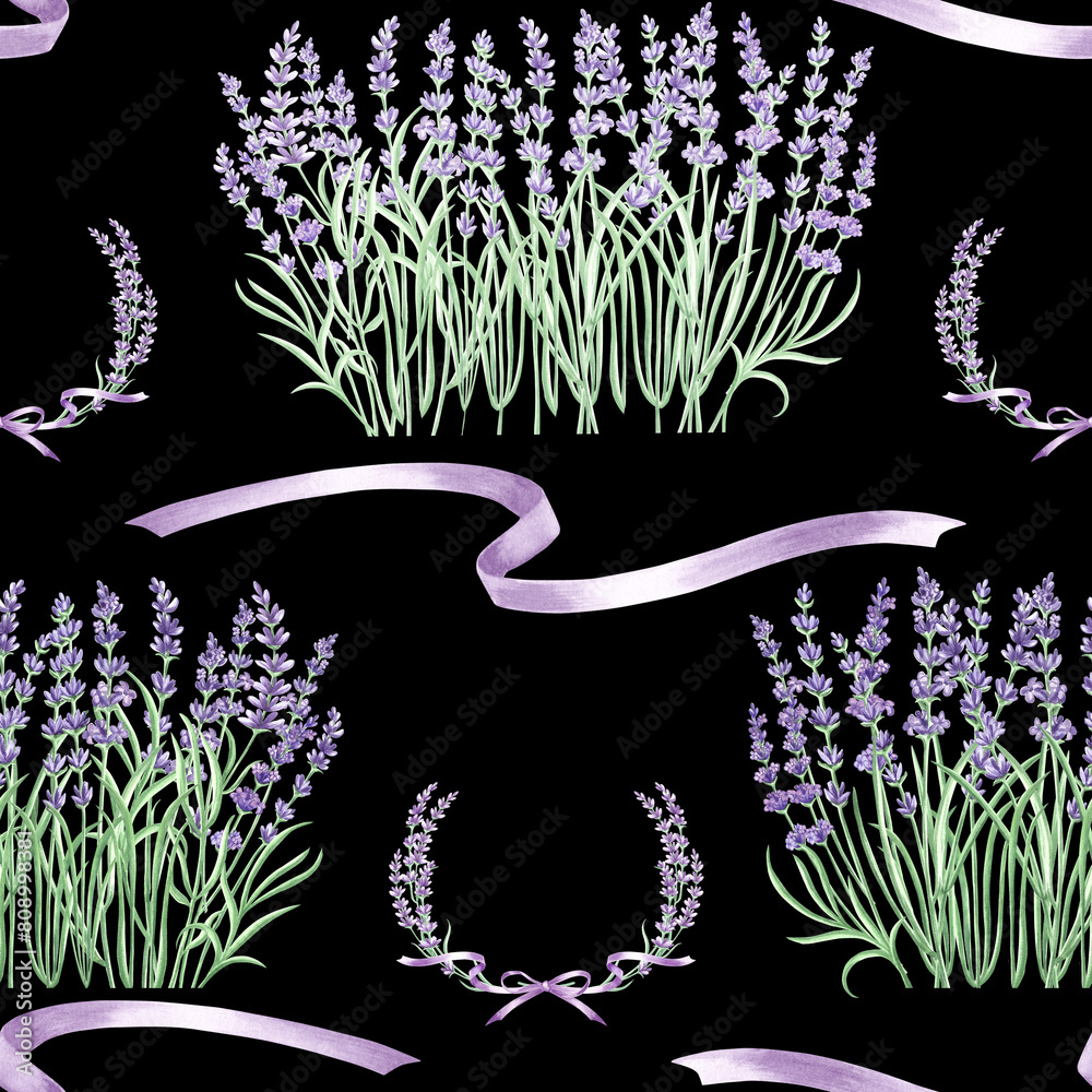 Lavender seamless pattern. Bouquet of purple flowers and ribbons ...