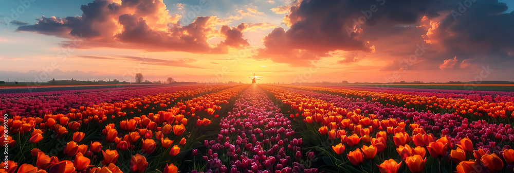 landscape with tulip field at sunrise, tulips bloom in farm at sunset ...
