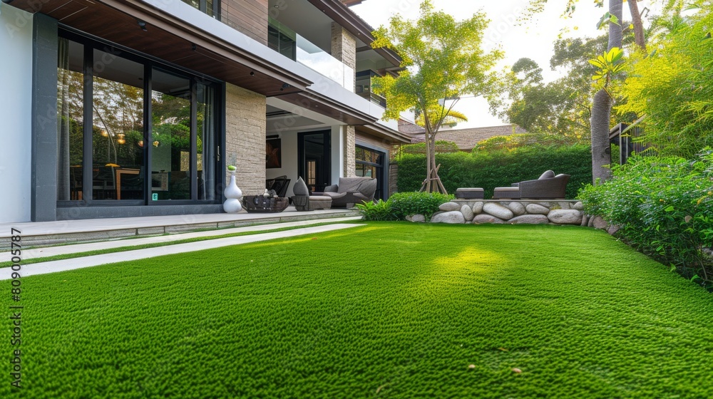 The outside of the house is decorated with artificial lawn showing off ...