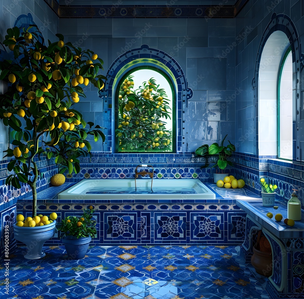 Swimming pool in the style of Moroccan Architecture in bright blue ...