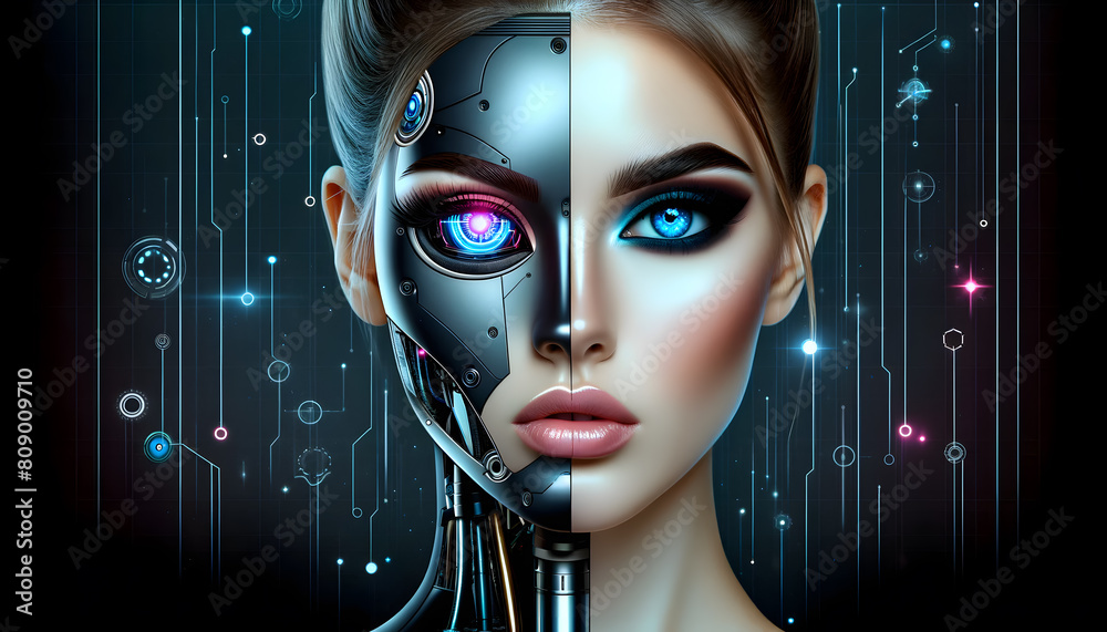 a split representation of a human and a robot. The left side features a ...