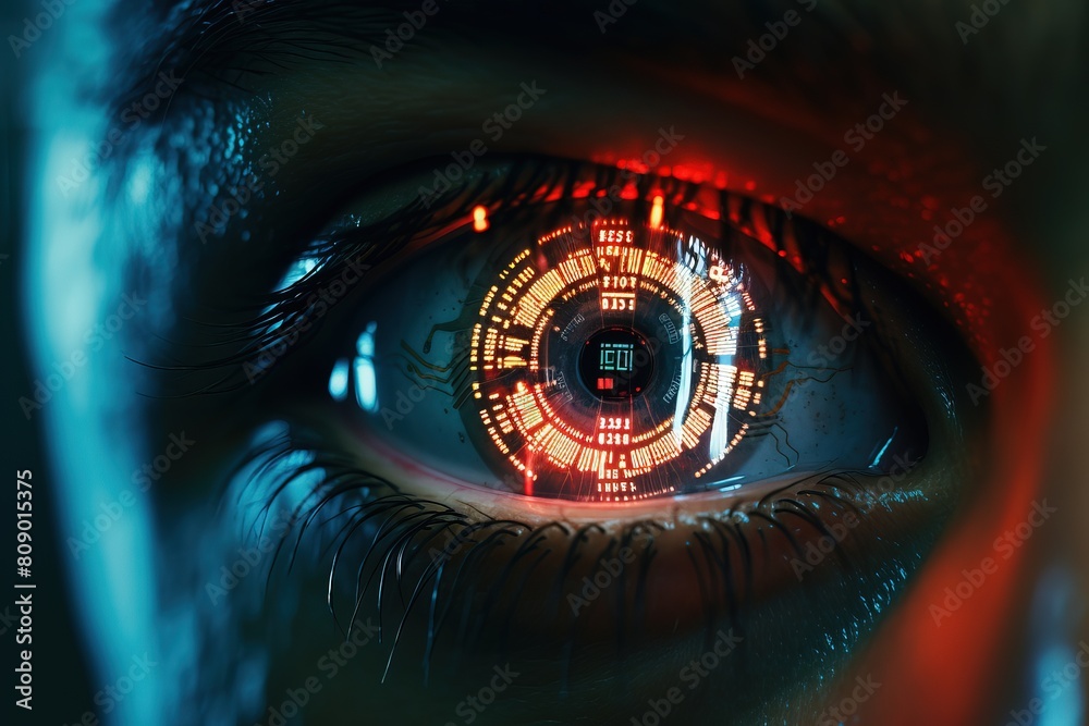 Close-up of a human eye with scan markings for personality and retinal ...