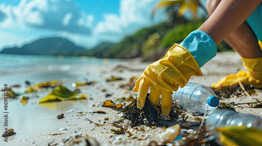 close up pick up trash on the beach. A volunteer cleaning up trash on a ...