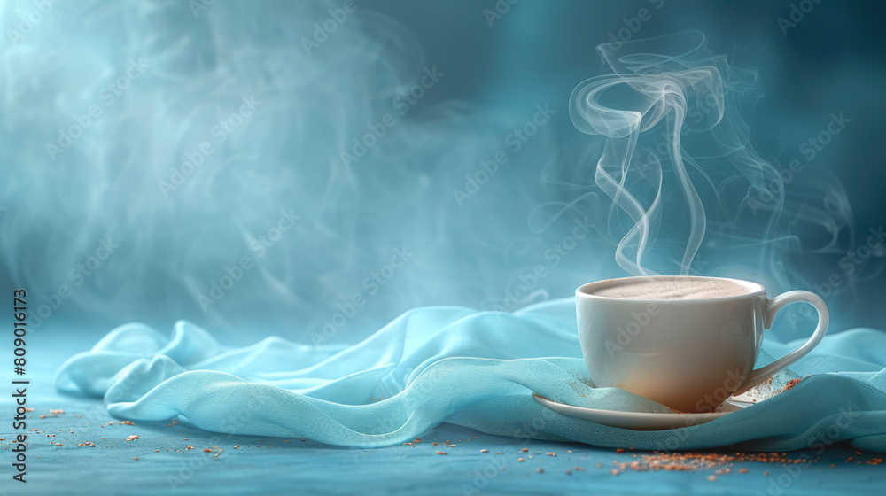 Pastel background, blue cup with pink steam on a blue background. Smoke ...