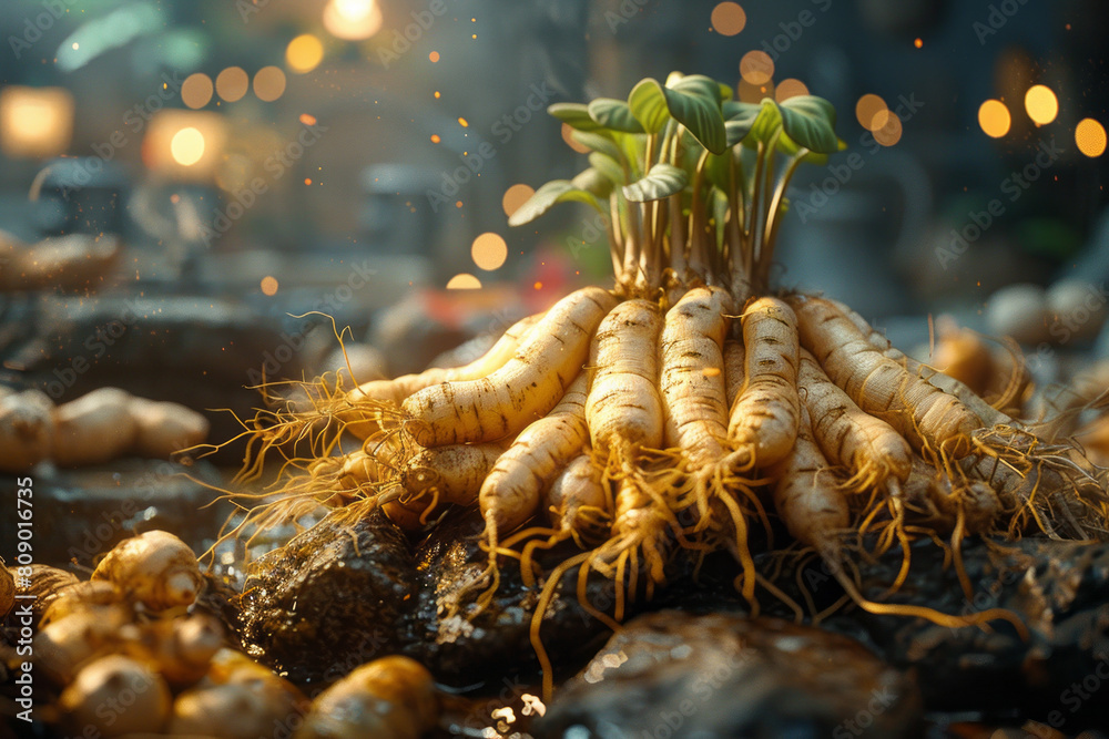 Ginseng roots transforming into a series of mountain peaks, symbolizing ...