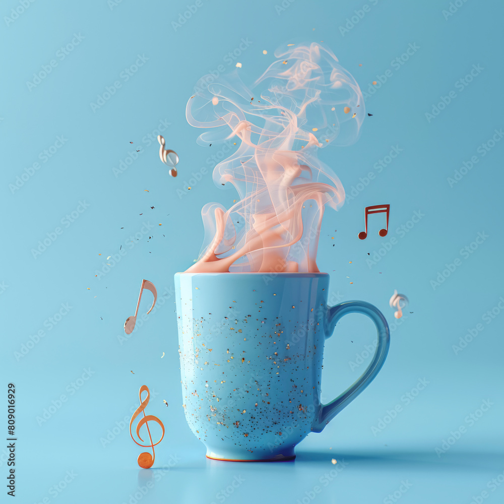 Cup with a steam in the form of a treble clef. Coffee and music concept ...