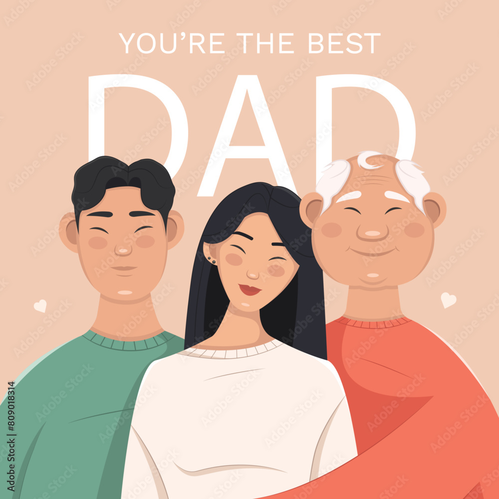 Asian family portrait of a father and his children. Happy Father's day ...