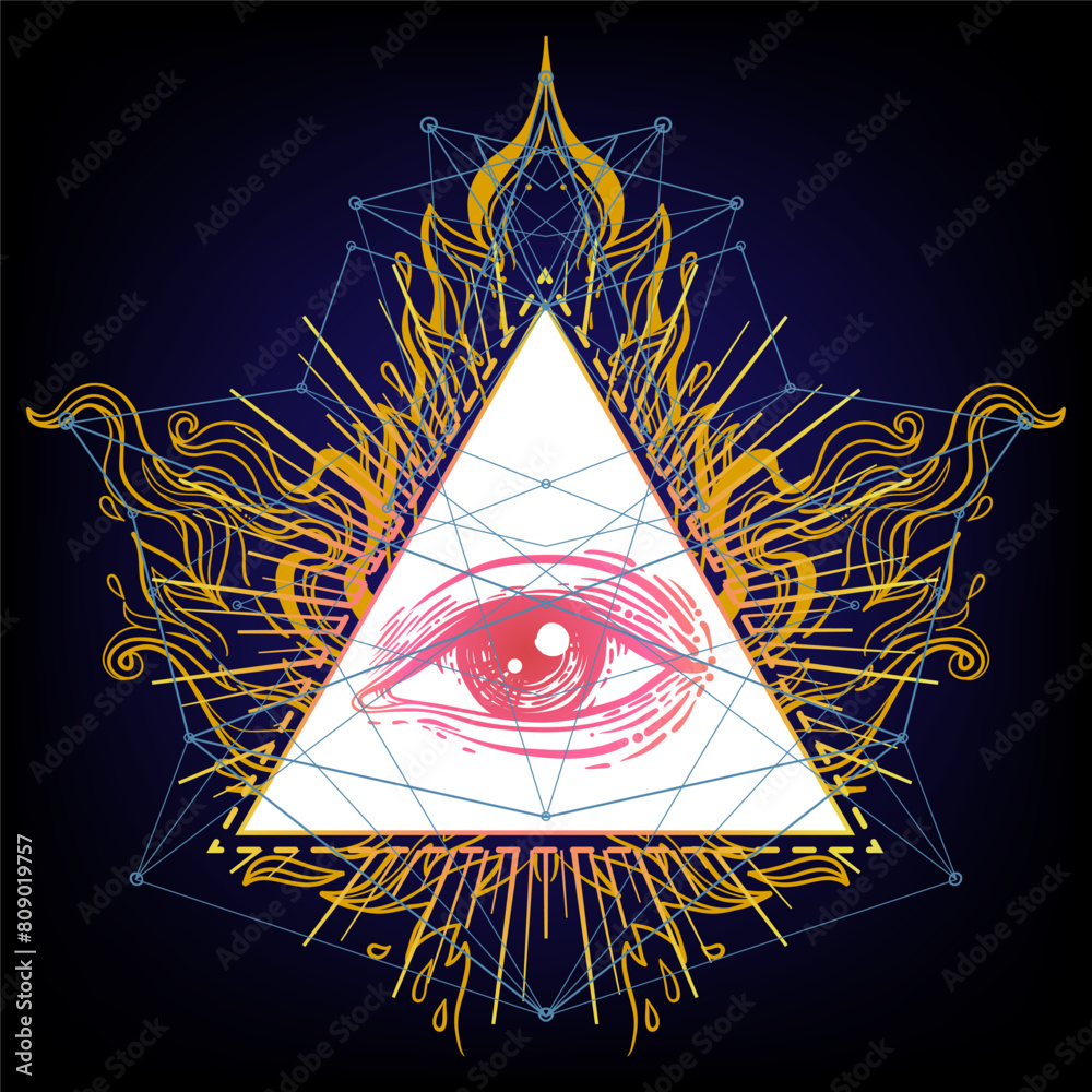 Sacred geometry symbol with all seeing eye over in acid colors. Mystic ...