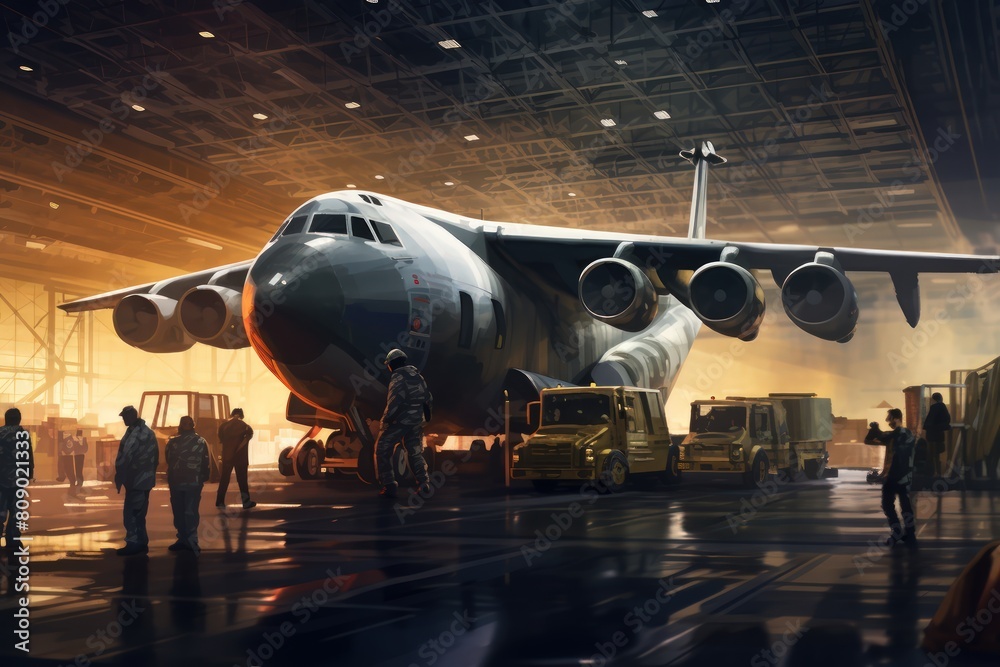 Military air base. Loading works. Military supply system for modern ...
