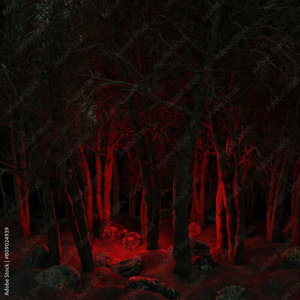 Red light in the wood's atmosphere horror scene forest dark spooky ...