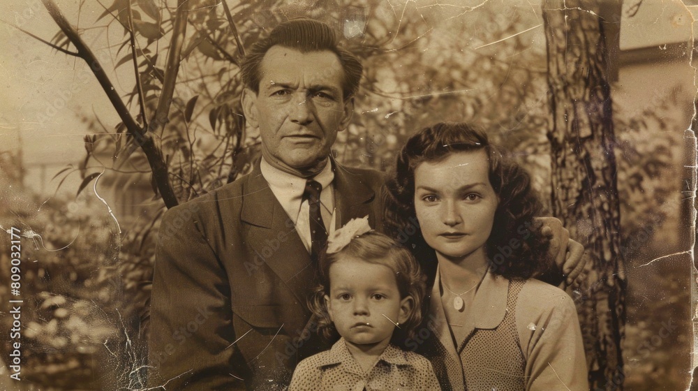 old photograph of a traditional family in good condition, black and ...
