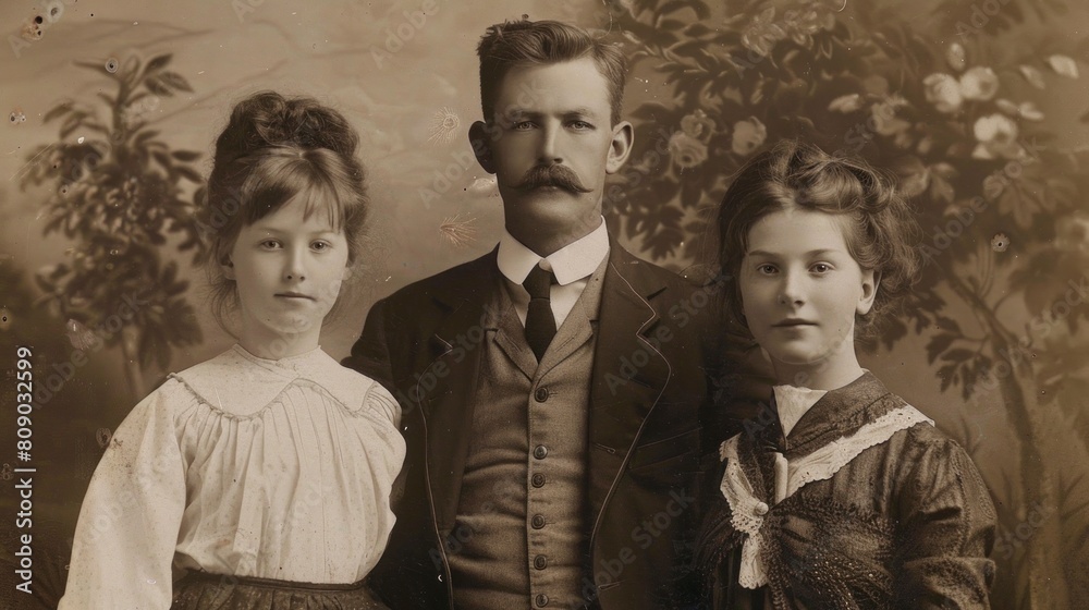 old photograph of a traditional family in good condition, black and ...