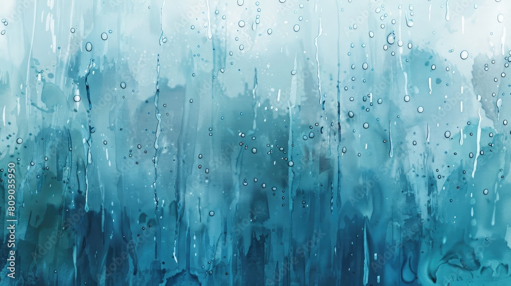 watercolor blue background raindrops on a window for rainy weather ...