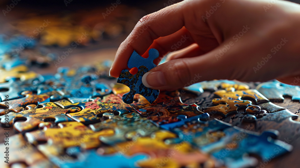 Close up of hands holding puzzle pieces. Hands putting together a ...