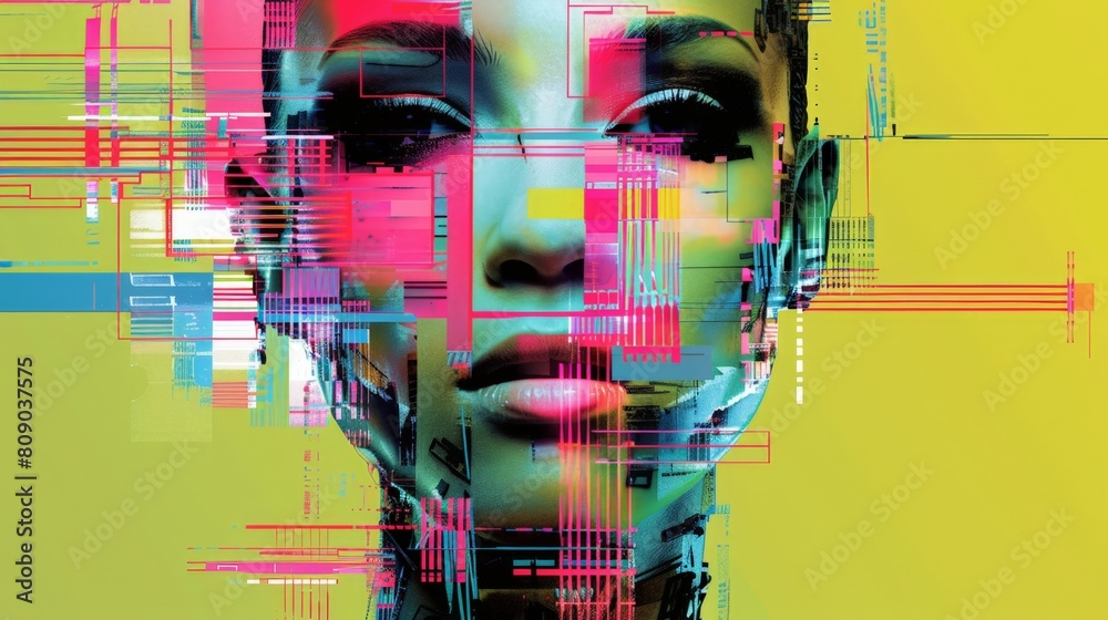 Distorted woman face. Grunge noise Creative Mixed media collage retro ...