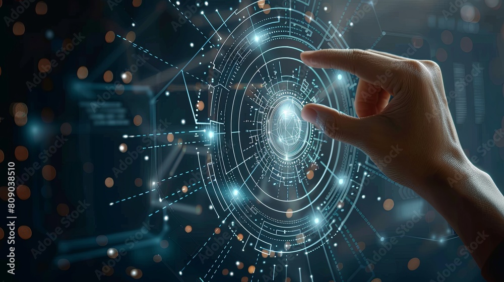 Network innovation concept Hand touching circular diagram on virtual ...