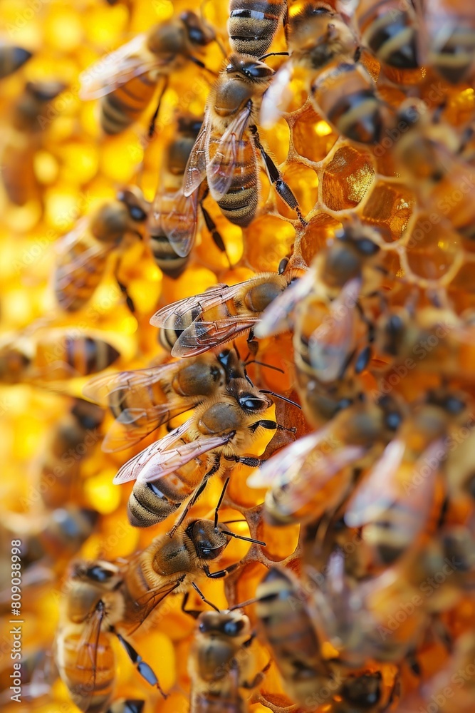A photo of a bustling beehive teeming with activity, showcasing the ...