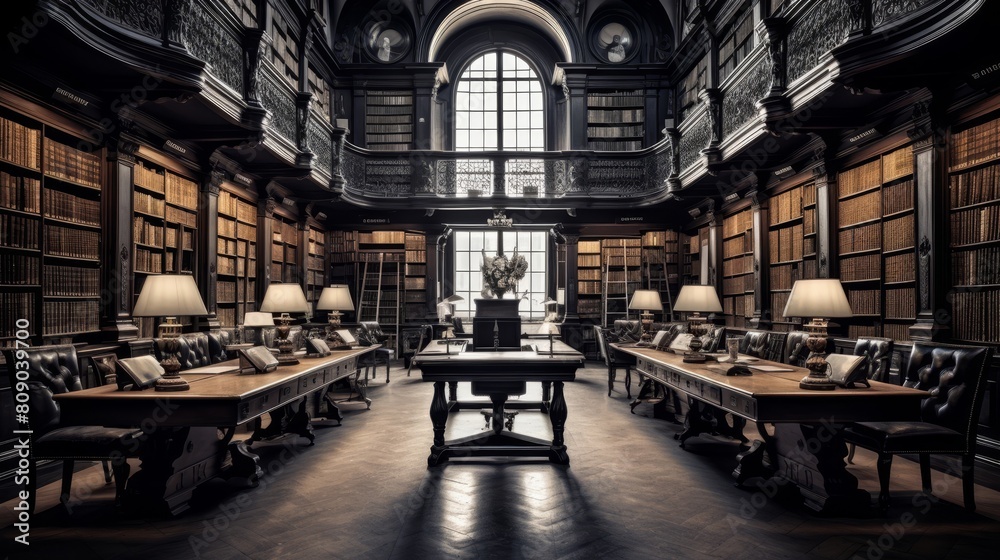 Monochromatic 19th Century London Library scholars engrossed in antique ...