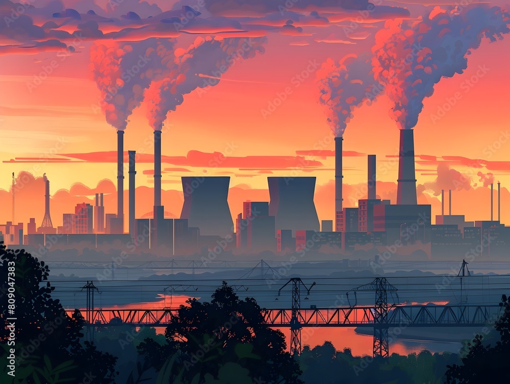 Urban Energy Transformation: City Skyline Features Nuclear Power Plant ...