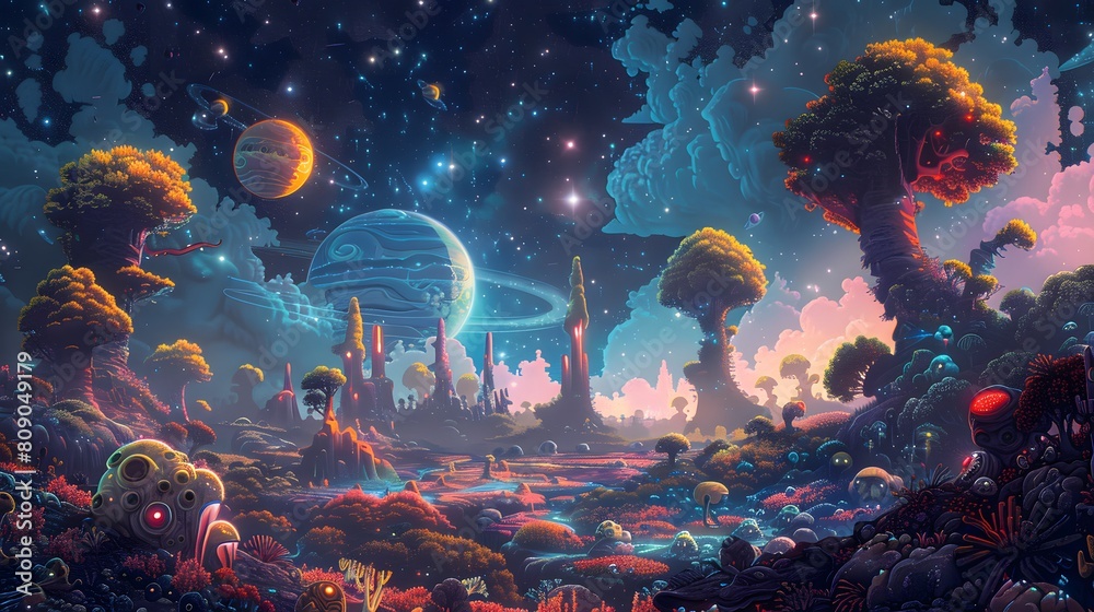 Colorful settings in the imaginary worlds of planets and outer space ...