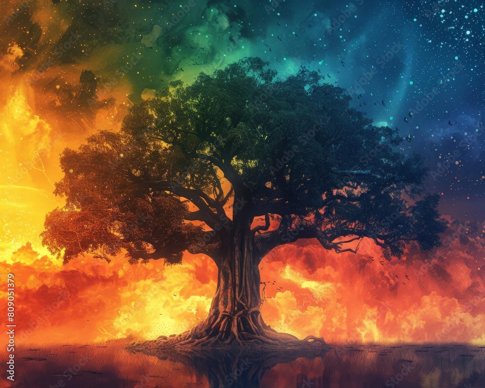 Digital art of a banyan tree with a vibrant ecosystem, portrayed ...