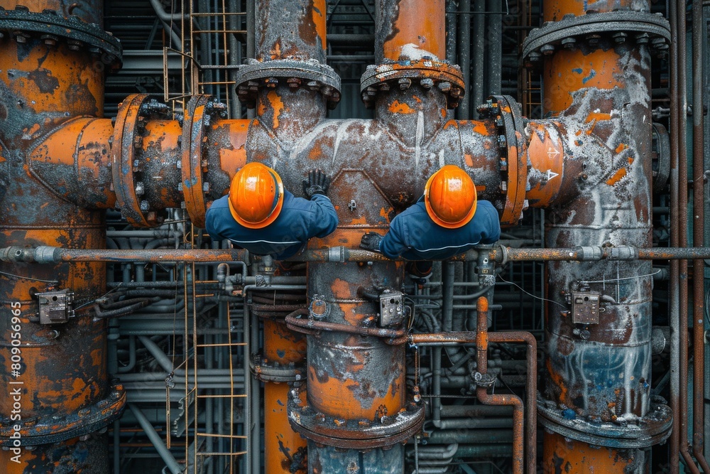 Workers in blue coveralls standing before rusted industrial pipes ...