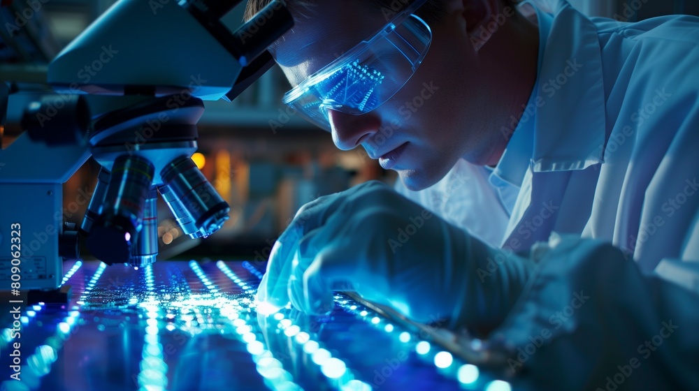 A scientist examining a solar cell under a microscope, observing the microscopic structures and ...