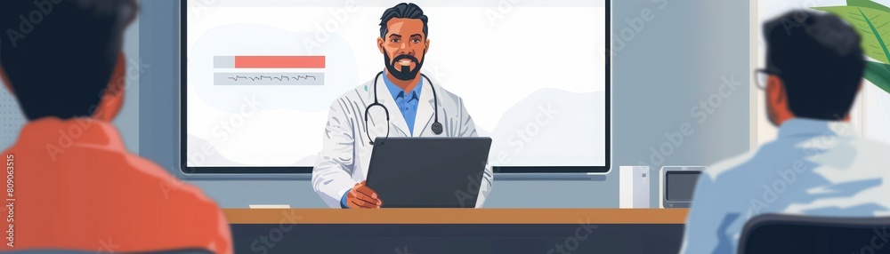 Confident male doctor giving a presentation to a group of colleagues in ...