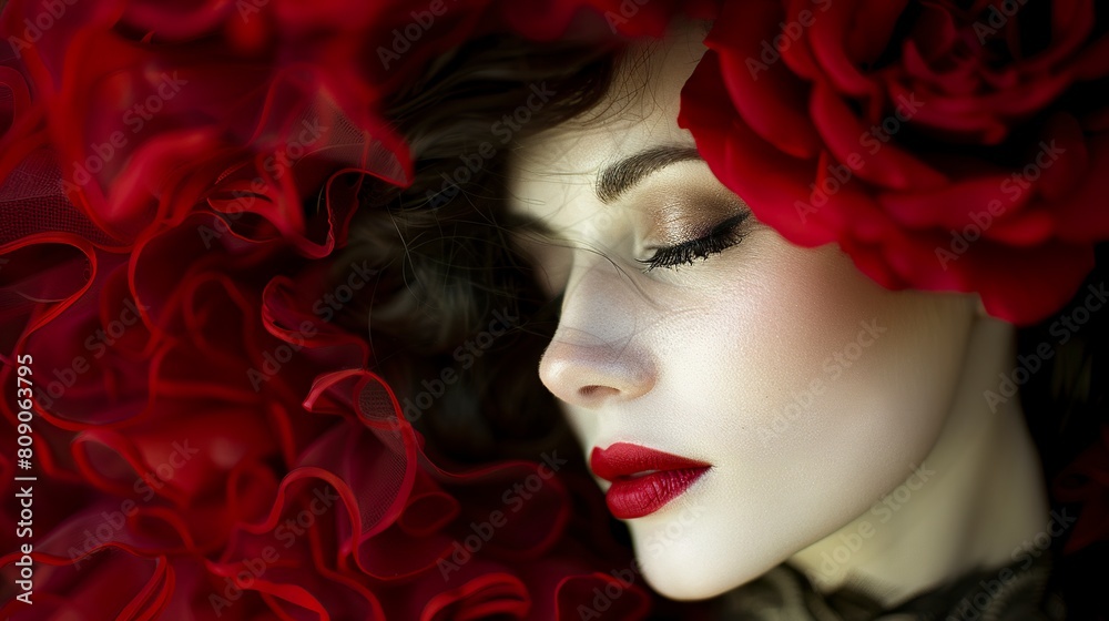 Close-up of a woman in red captured by the freelensing effect with a ...